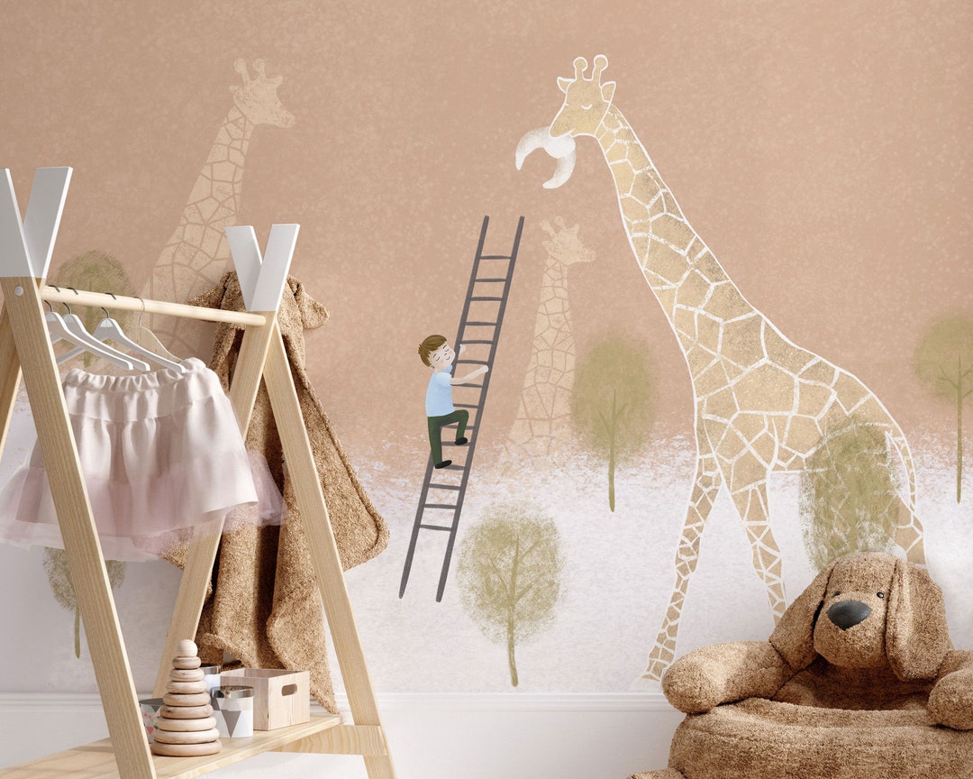 Scenic Art Wallpaper With Giraffe, Back to School Nursery Wall Mural ...