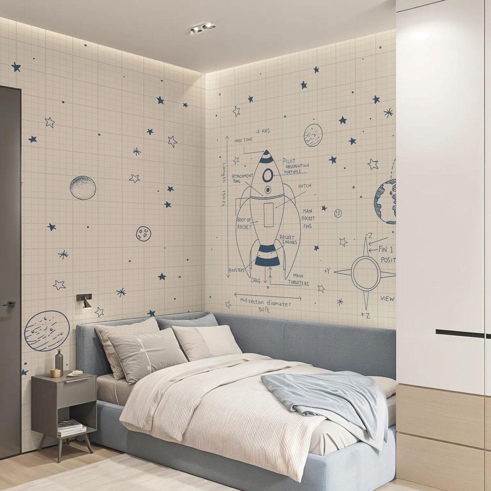 Rocket Blueprint Wallpaper – Space Wall Mural for Kids Room or Nursery ...