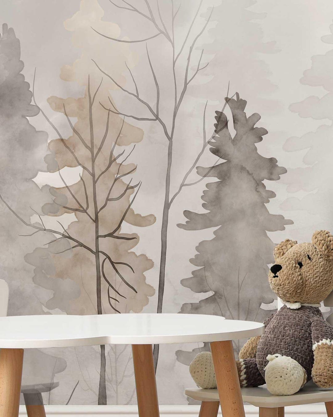 Neutral Forest Mural • Beige Watercolor Landscape Wall Art • Minimalist ...
