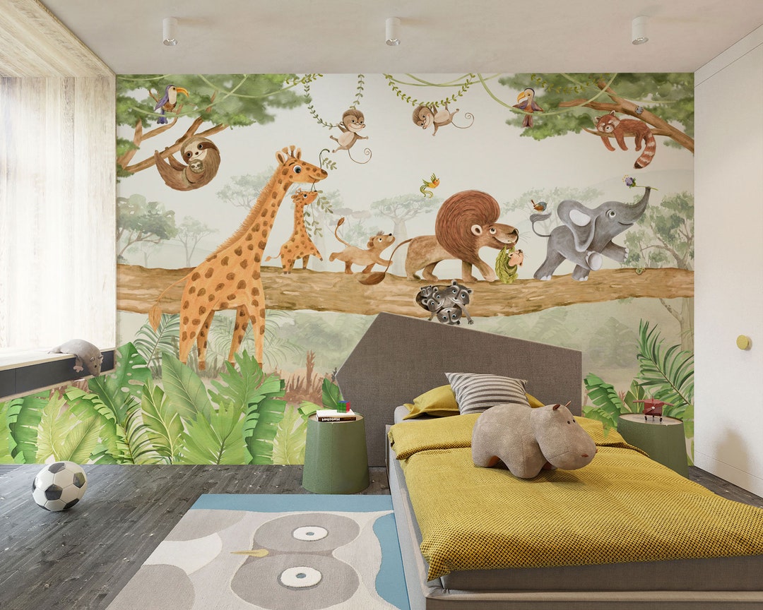 Safari Animals Wallpaper for Kids Room - Peel and Stick Jungle Wall ...