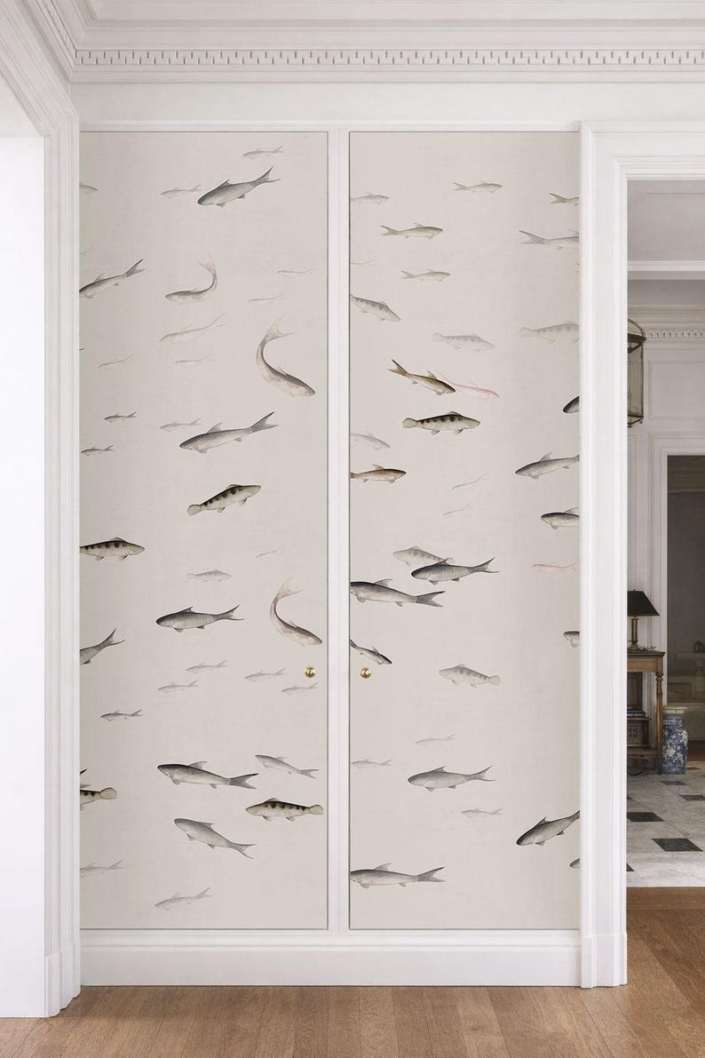 Fish Wallpaper for Bathroom, Coastal Wall Mural With Neutral Sea Life ...
