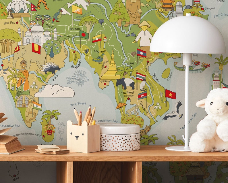 Giant World Map Temporarily Mural, Kids World Map Wallpaper With ...