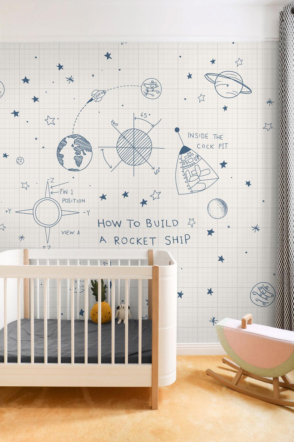 Rocket Blueprint Wallpaper – Space Wall Mural for Kids Room or Nursery ...