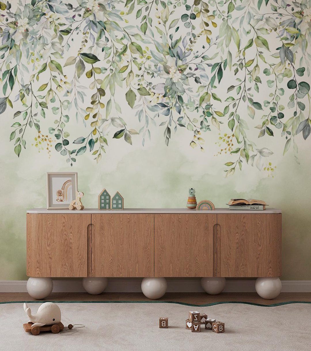 Soft Botanical Wall Mural, Green Floral Wallpaper, Wall Covering With ...