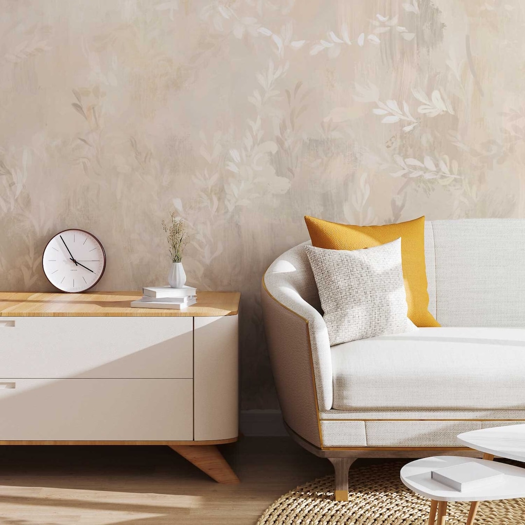 Beige Floral Wallpaper Mural, Botanical Wallcovering, Neutral Flower ...