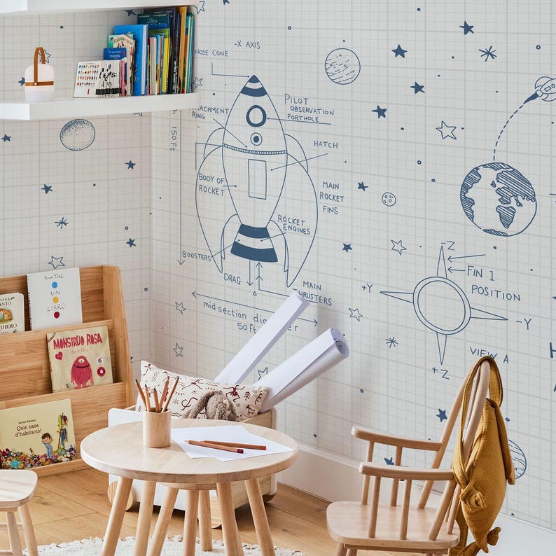 Rocket Blueprint Wallpaper – Space Wall Mural for Kids Room or Nursery ...