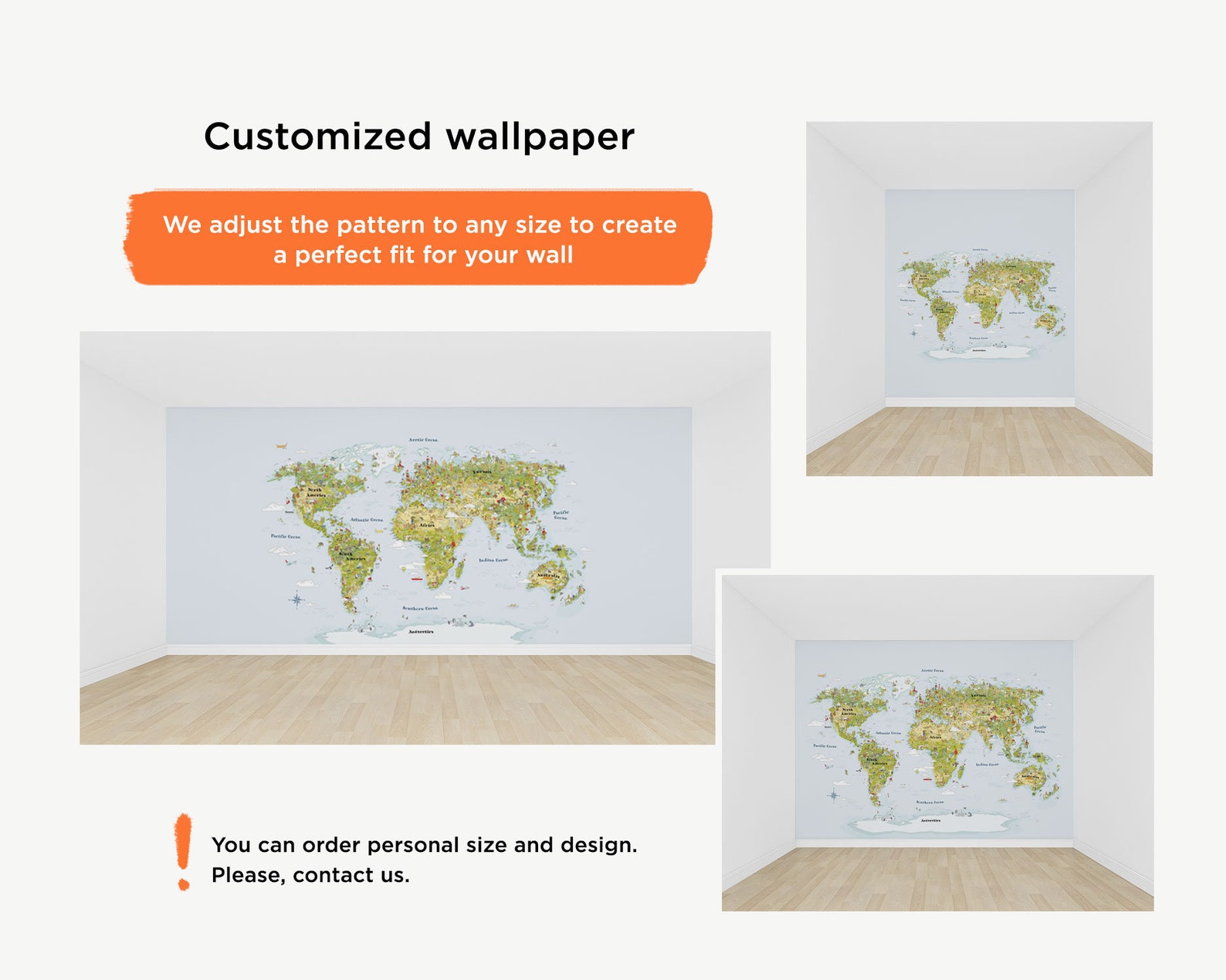 Giant World Map Temporarily Mural, Kids World Map Wallpaper With ...