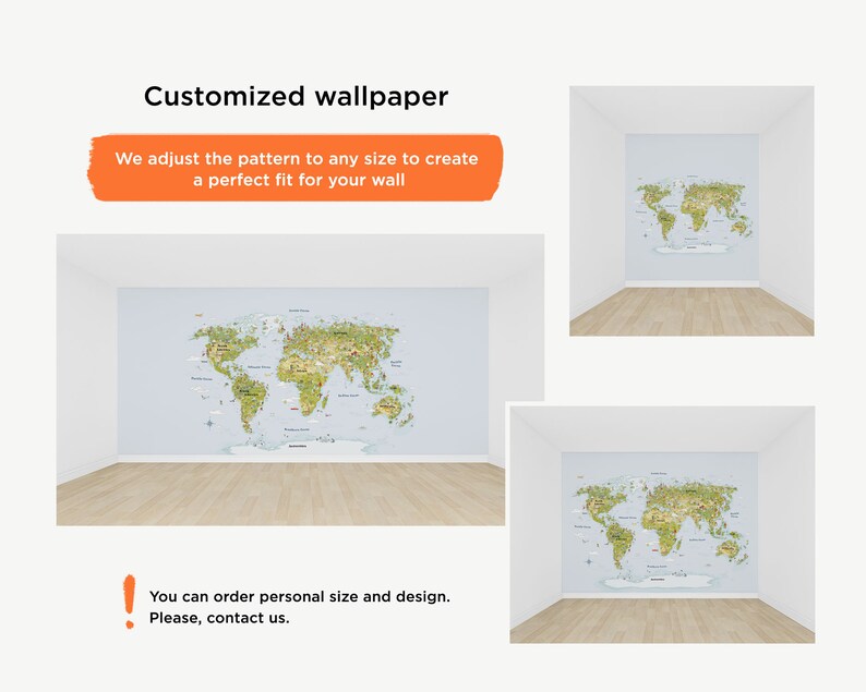 Giant World Map Temporarily Mural, Kids World Map Wallpaper With ...