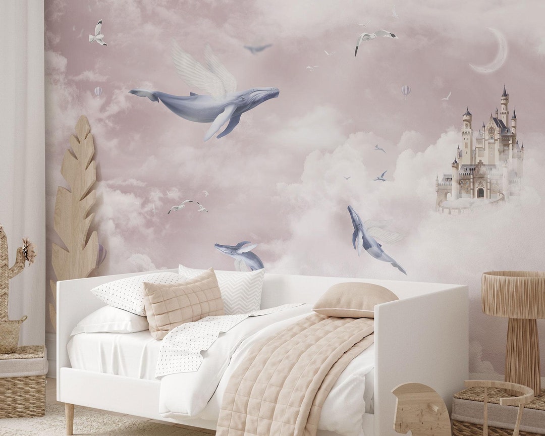 Whimsical Kids Wallpaper With Sky Castle and Flying Whale – Dreamy ...