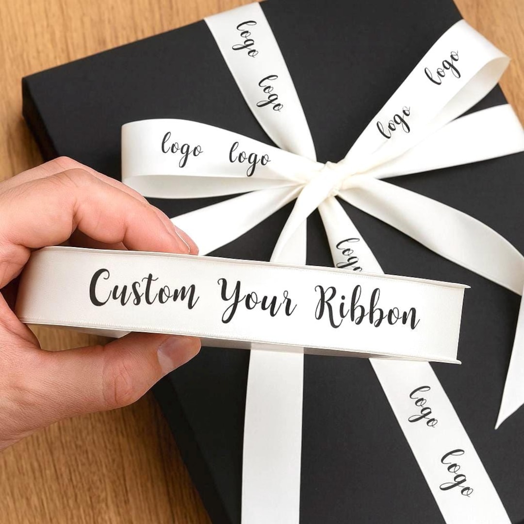 Custom Satin Ribbon With Logo, White 25mm, Black Print, Personalized ...