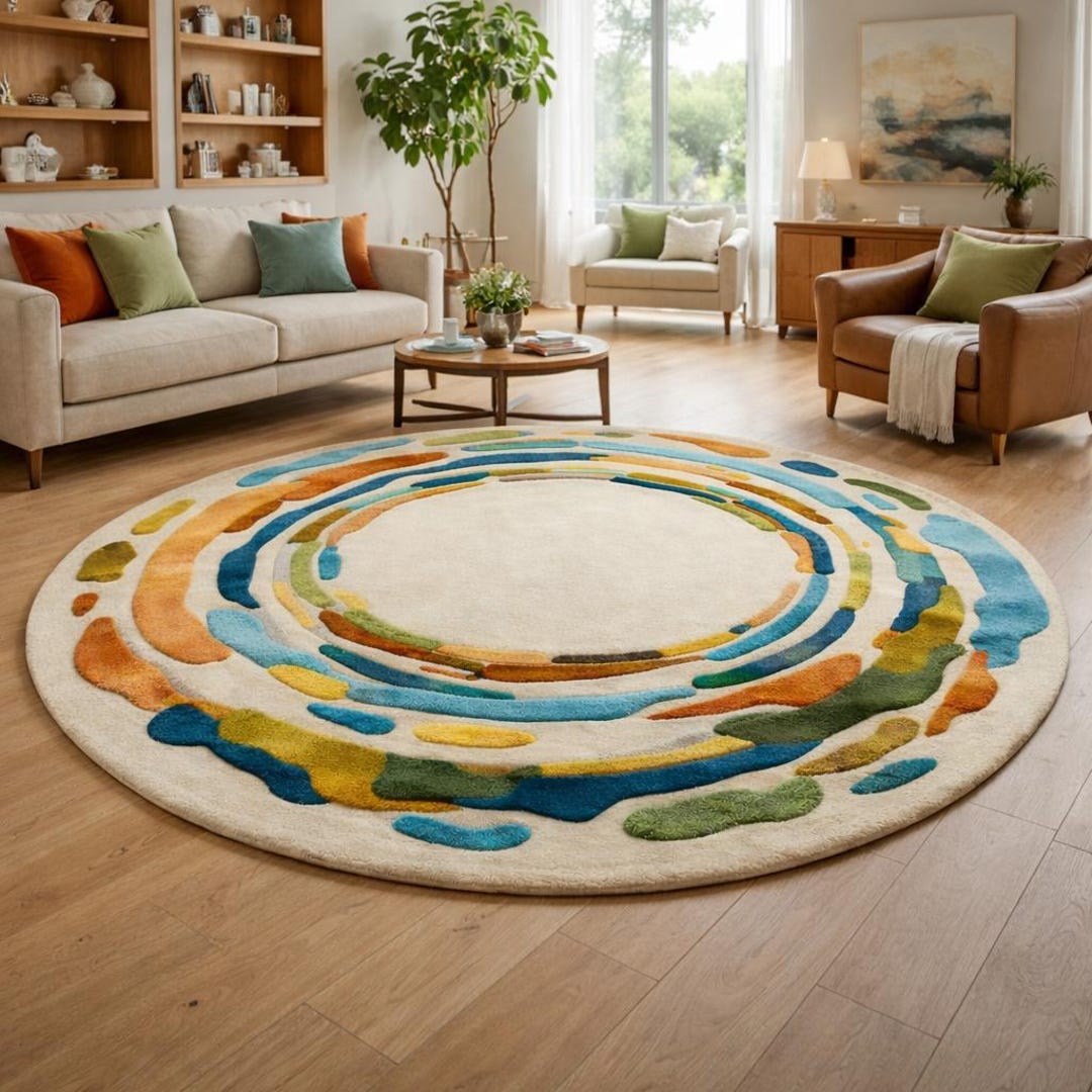Modern Abstract Round Rug – Hand Tufted Wool Carpet, Colorful Artistic ...