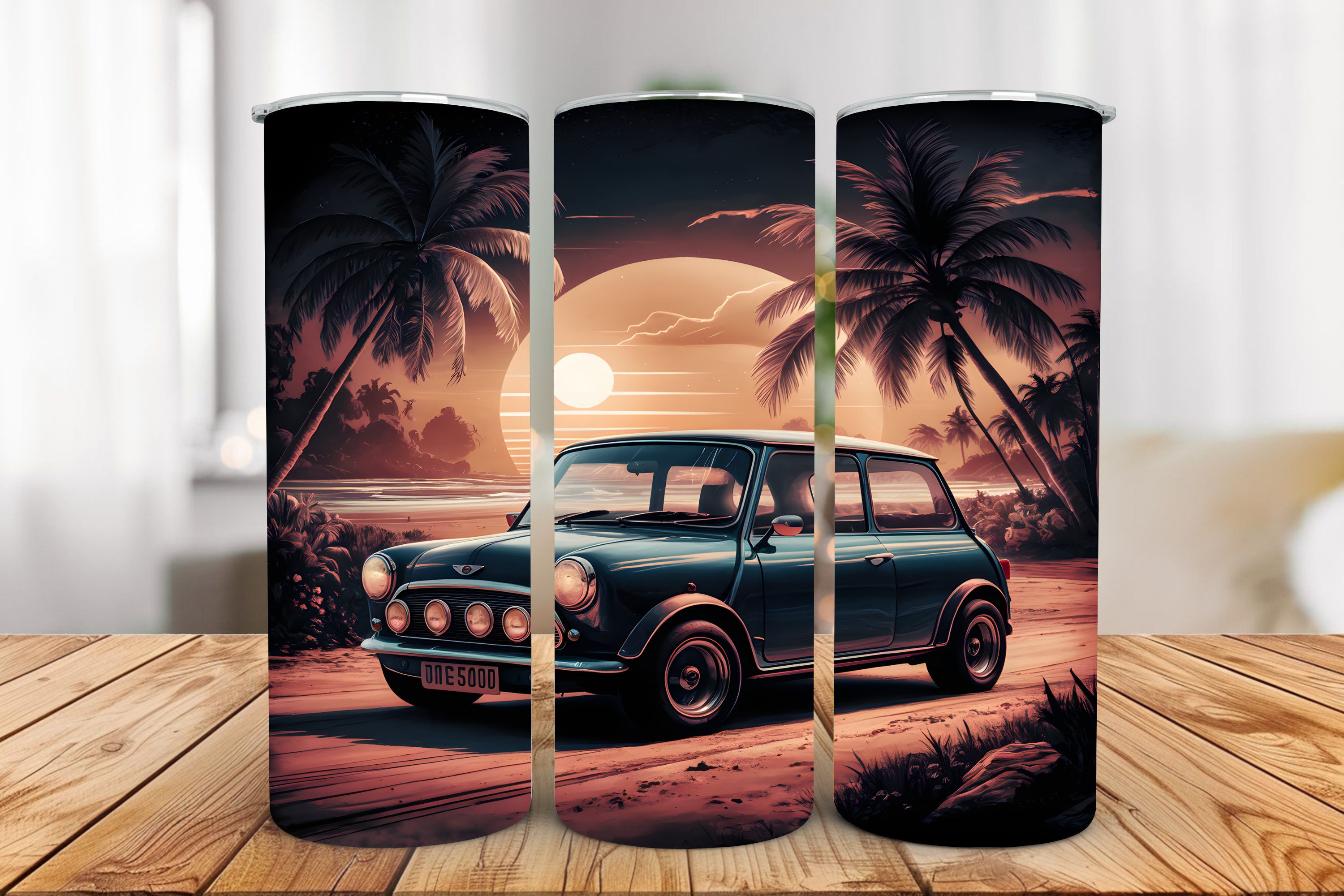 Vintage Sunset Mini Cooper Car Tumbler Wrap 20 Oz Skinny Sublimation ...