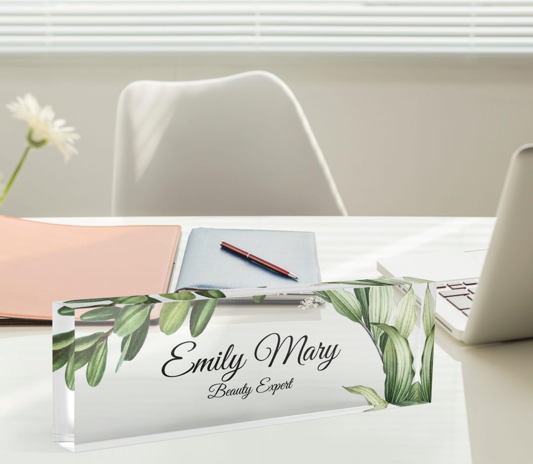 Green Leaf Patterned Name Plate, Name Plate for Desk, Acrylic Name ...