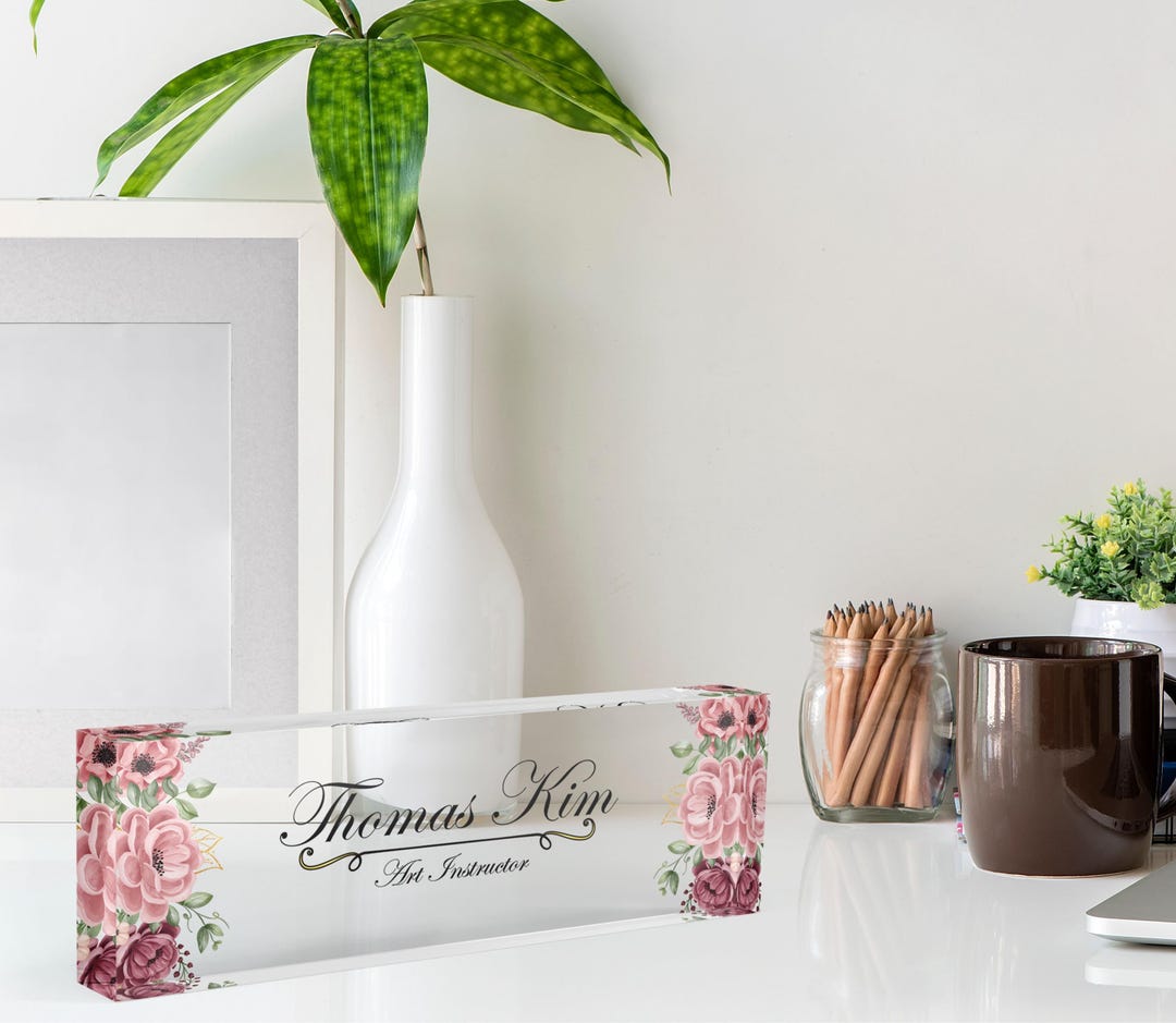 Flower Desk Name Plate, Acrylic Name Plate, Personalized Sign, Office ...
