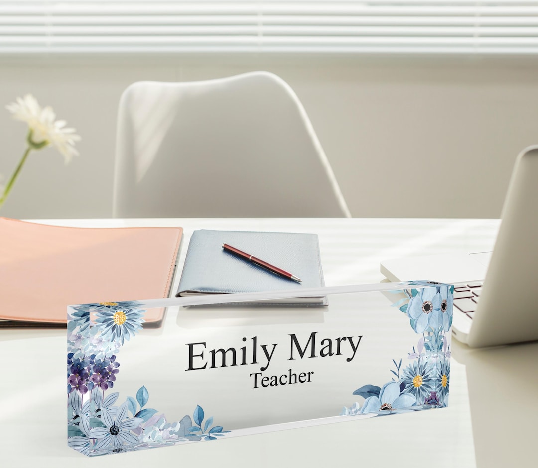 Blue Flower Name Plate, Marble Design Name Plate, Acrylic Name Plate ...