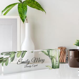 Green Leaf Patterned Name Plate, Name Plate for Desk, Acrylic Name ...