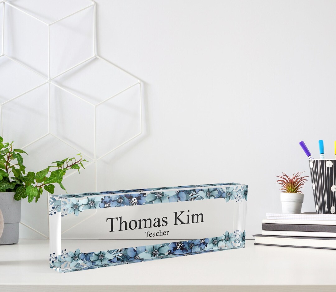 Blue Flower Name Plate, Marble Design Desk Name Plate, Personalized ...