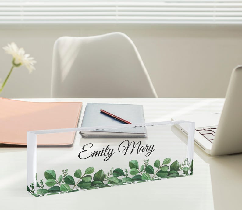 Green Leaf Name Plate, Custom Name Plate, Green Leaves on Clear Acrylic ...