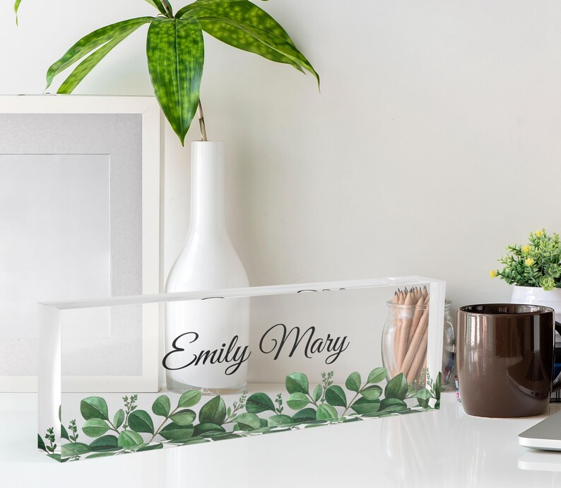 Green Leaf Name Plate, Custom Name Plate, Green Leaves on Clear Acrylic ...
