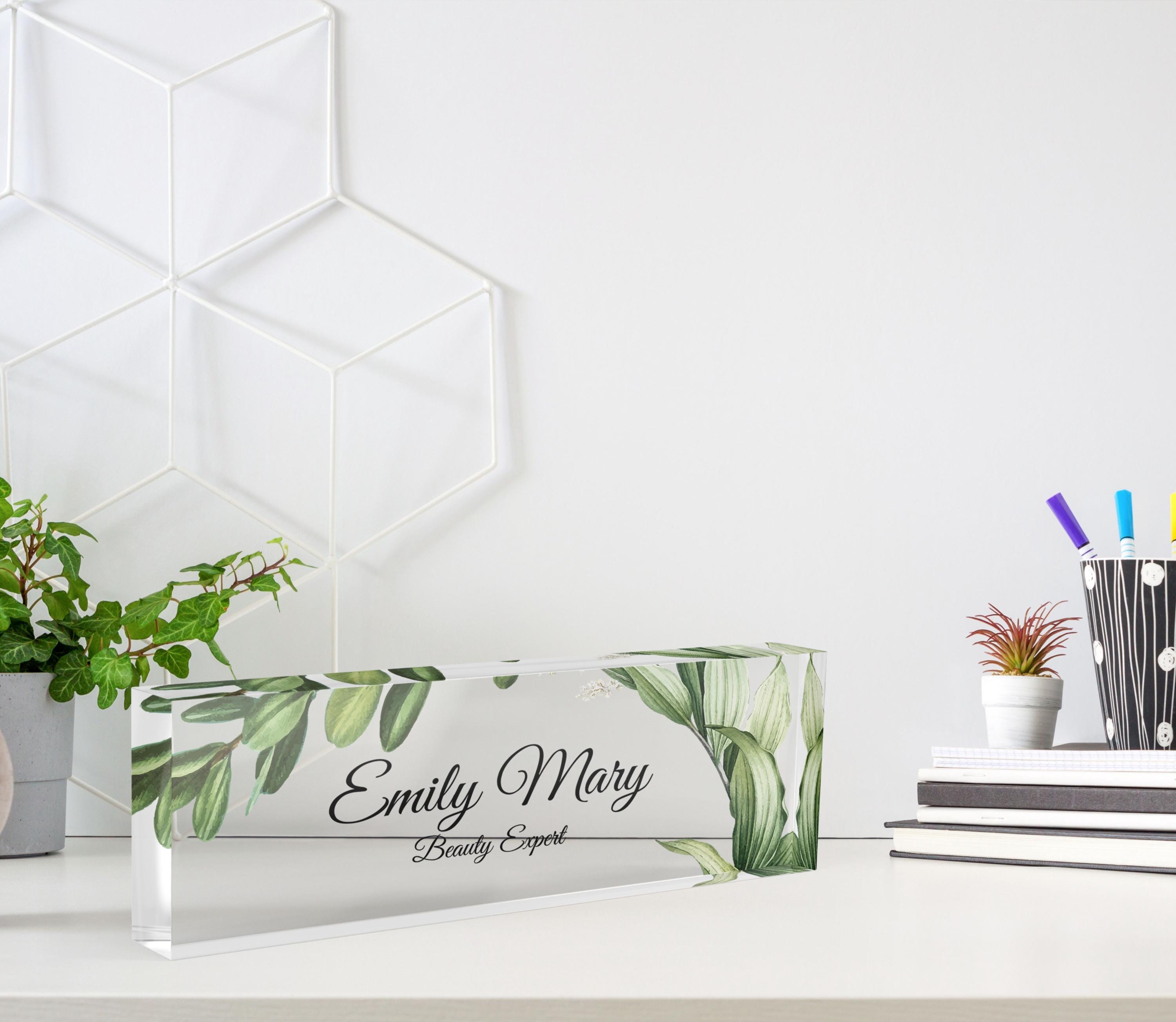 Green Leaf Patterned Name Plate, Name Plate for Desk, Acrylic Name ...