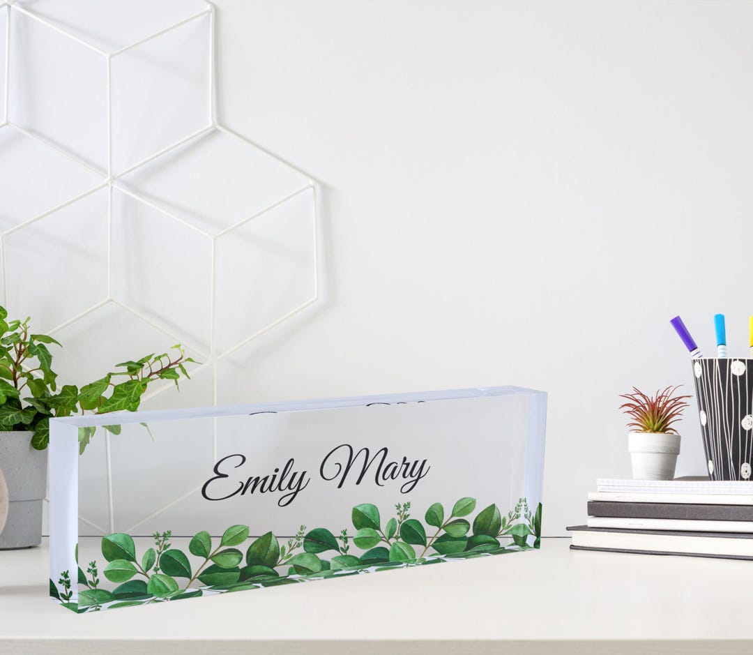 Green Leaf Name Plate, Custom Name Plate, Green Leaves on Clear Acrylic ...