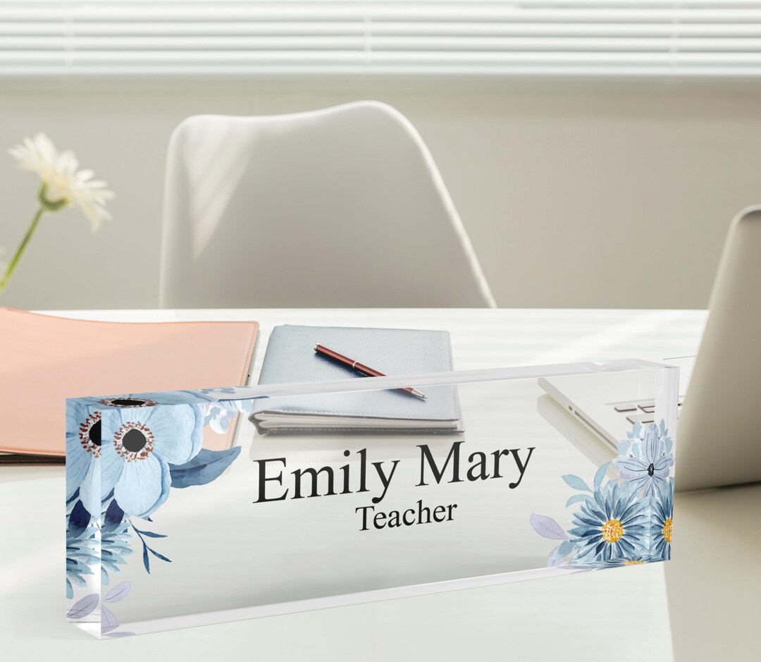 Blue Flower Name Plate, Acrylic Name Plate, Marble Design Name Plate ...