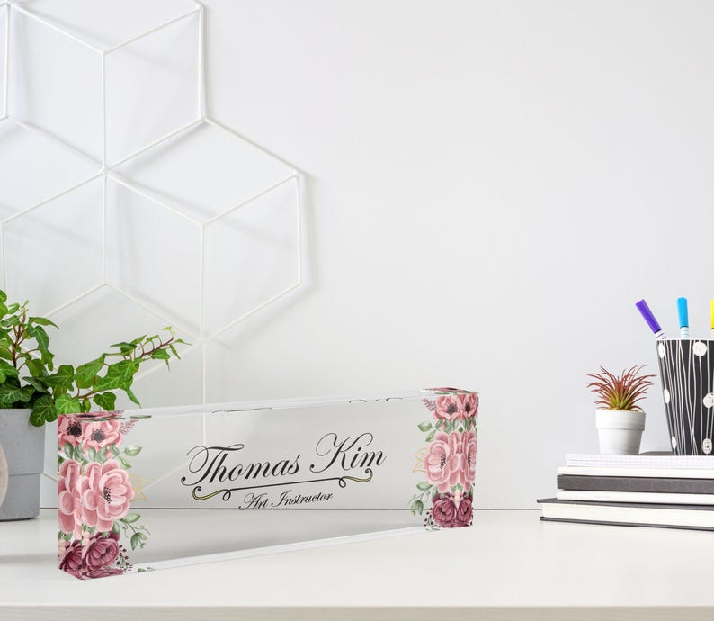 Flower Desk Name Plate, Acrylic Name Plate, Personalized Sign, Office ...