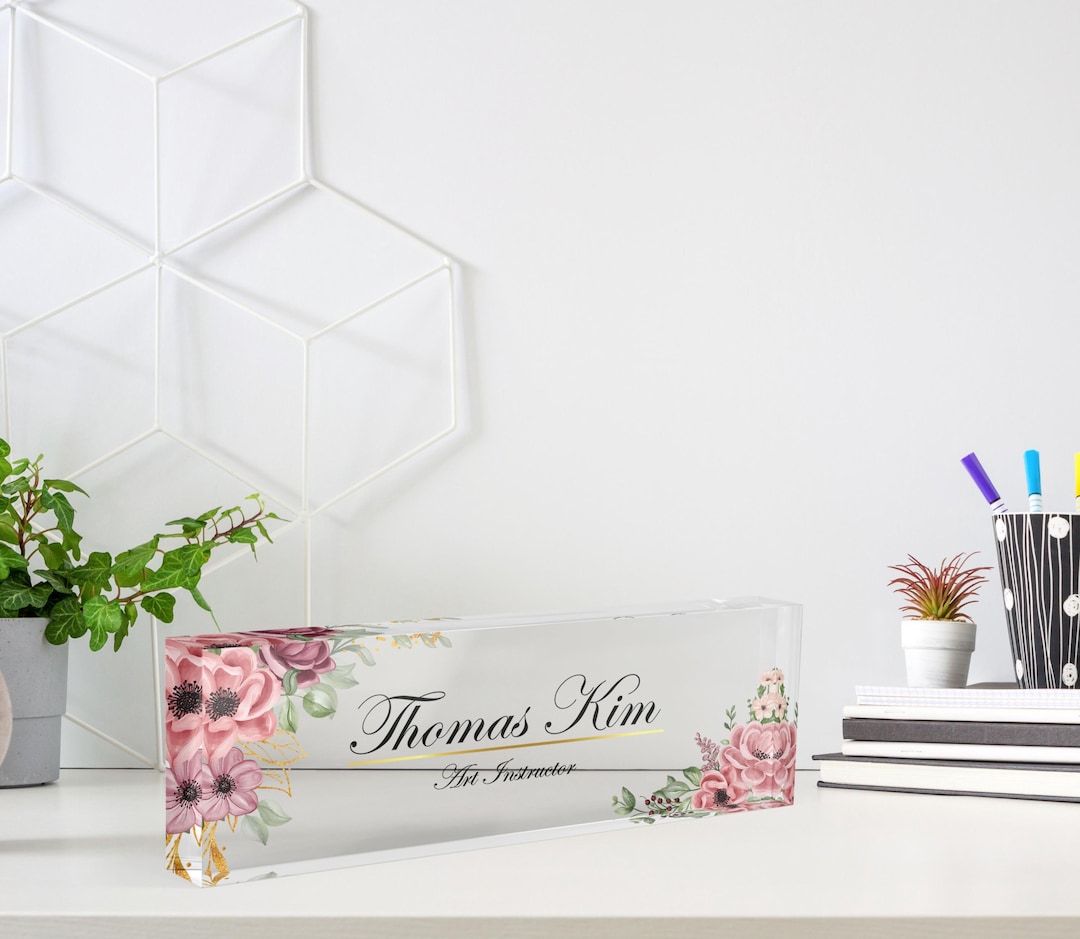 Pink Floral Desk Name Plate, Flower Name Plate, Acrylic Name Plate ...