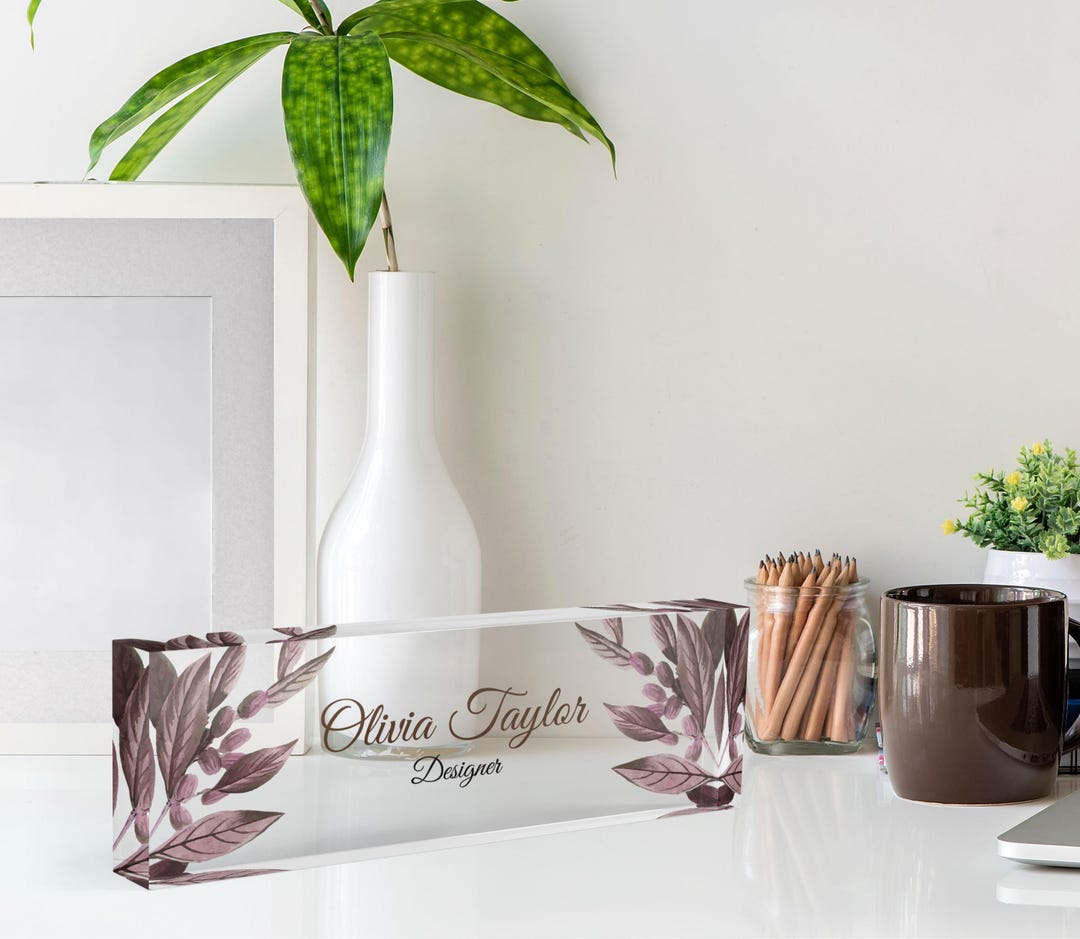 Purple Flowers Acrylic Name Plate, Custom Desk Name Plate, Personalized ...