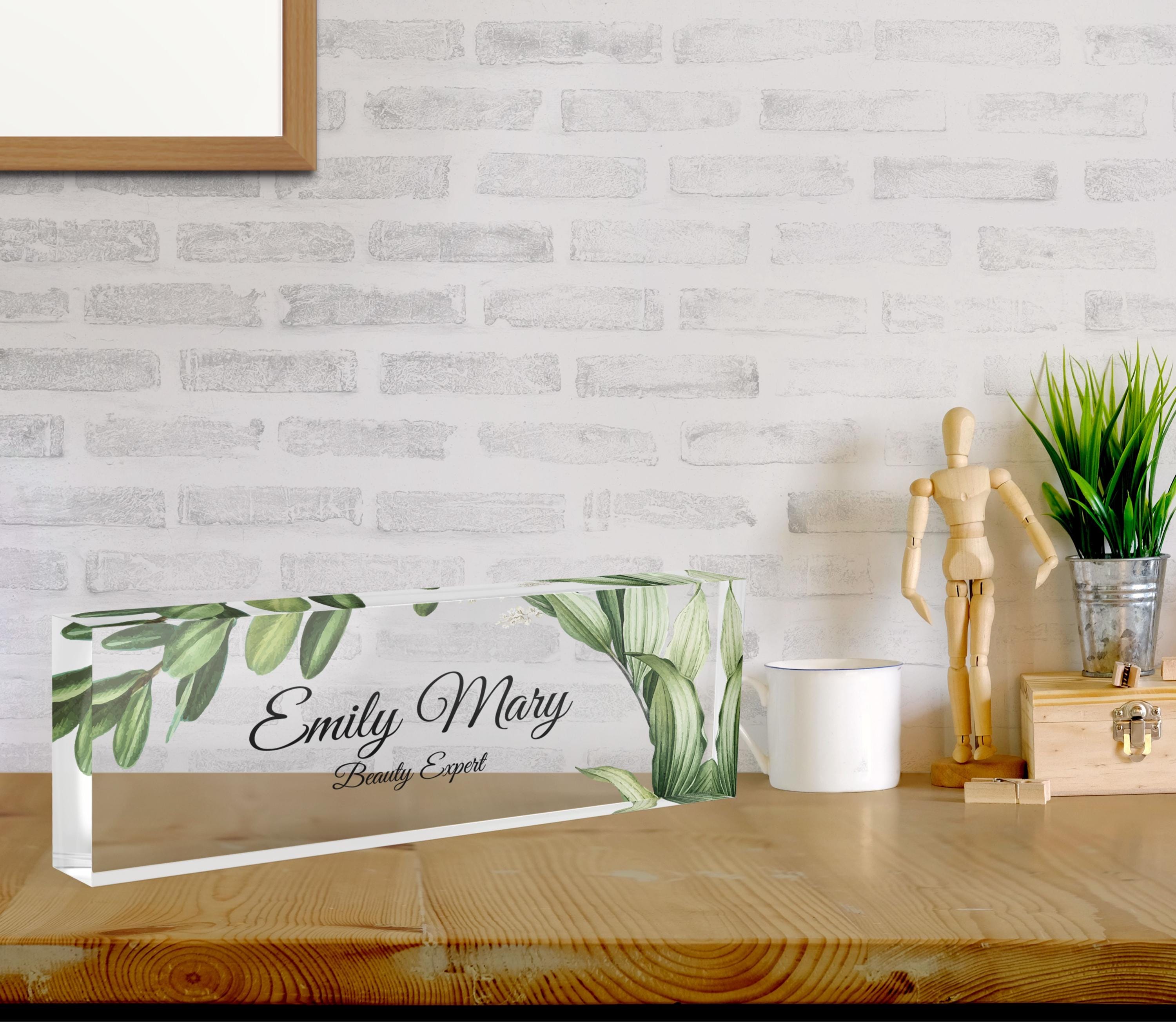 Green Leaf Patterned Name Plate, Name Plate for Desk, Acrylic Name ...