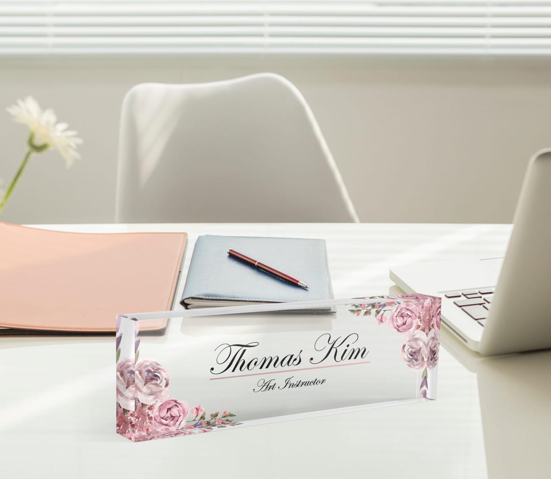 Pink Flower Name Plate, Acrylic Name Plate, Personalized Sign, Office ...