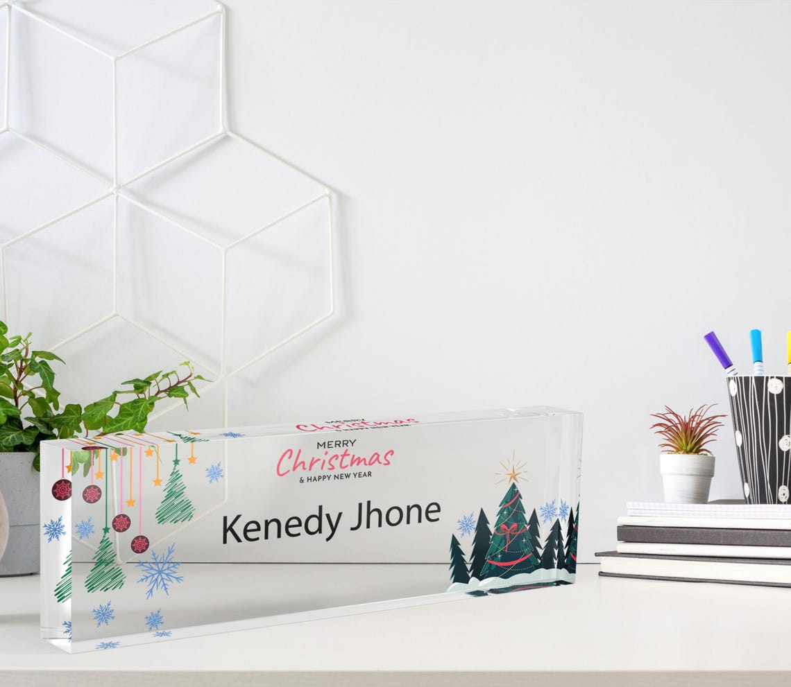 Christmas Themed Desk Name Plate, Custom Name Plate, Acrylic Plaque ...