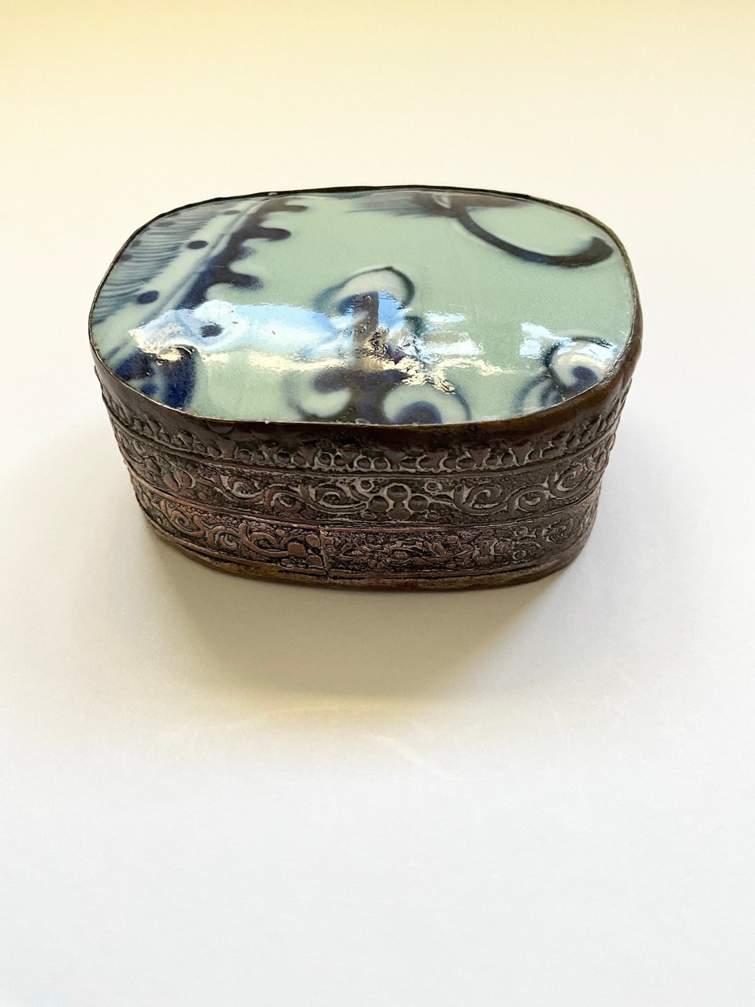Antique Ceylon Ceramic Shard Lid Silver Plated Trinket Box, Oriental ...