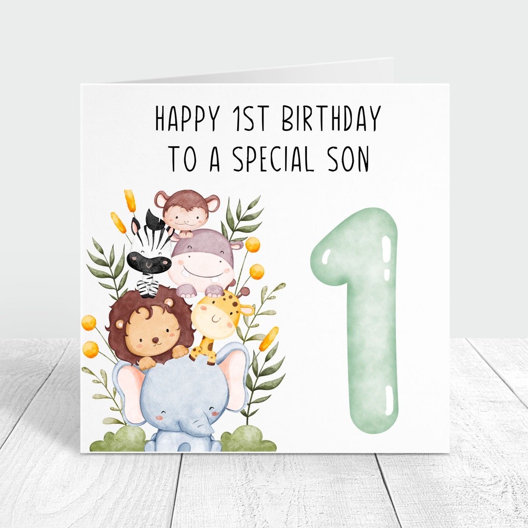 Personalised Safari 1st Birthday Card for Son, Wild Jungle Animals ...