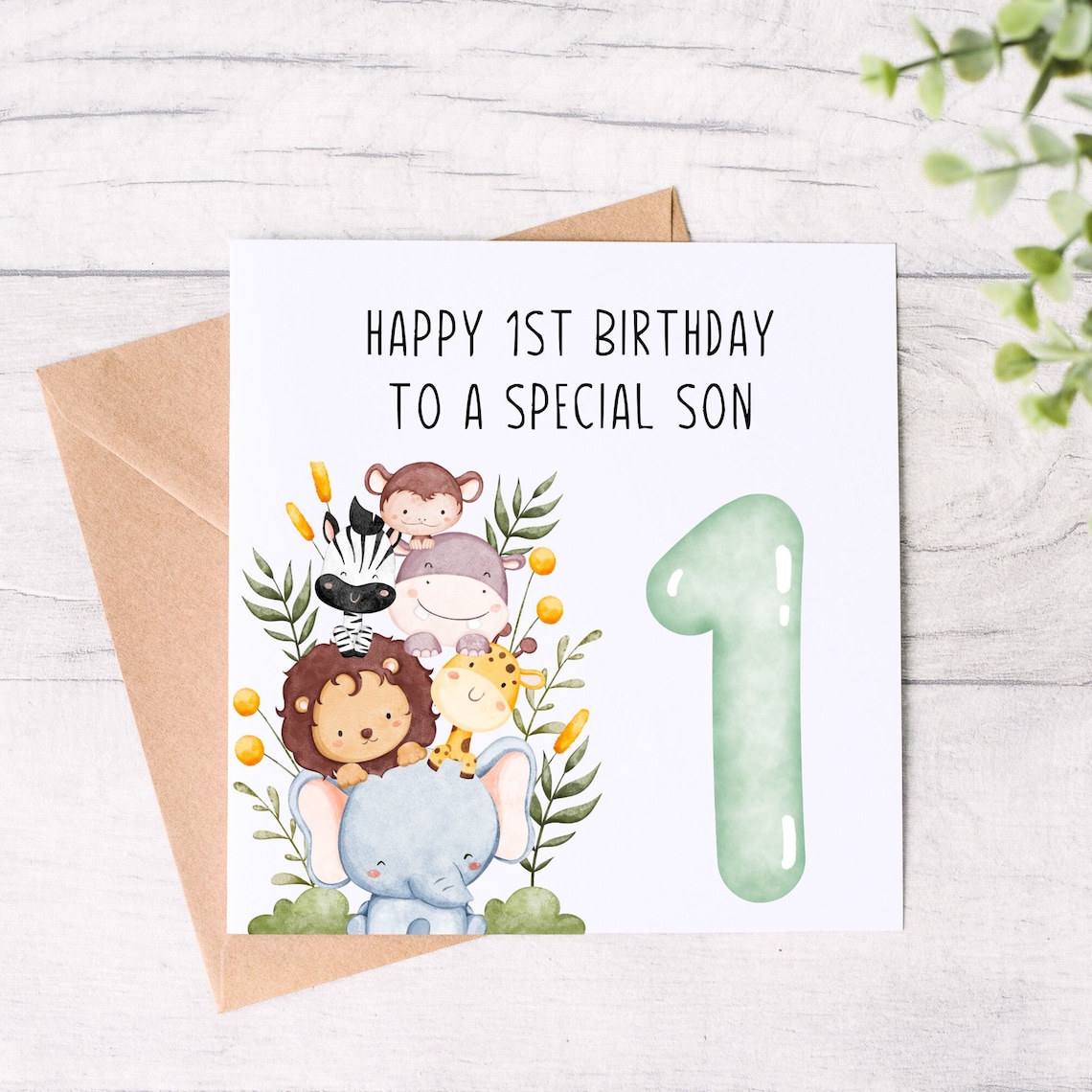 Personalised Safari 1st Birthday Card for Son, Wild Jungle Animals ...
