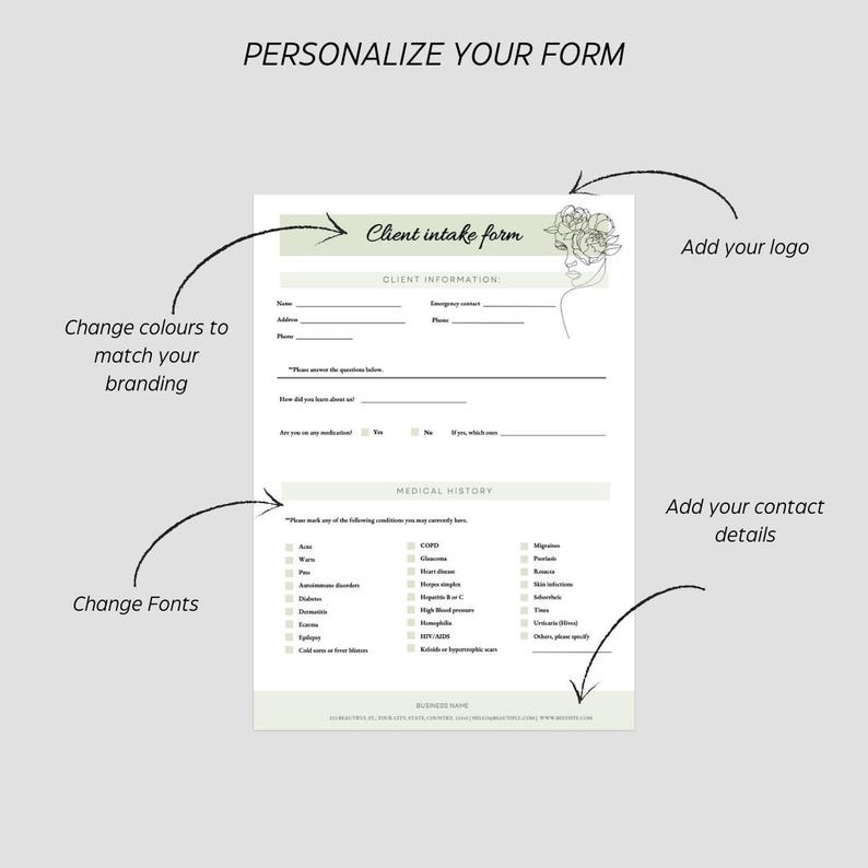 Editable Beauty Client Intake Form | Esthetician Consultation Template ...