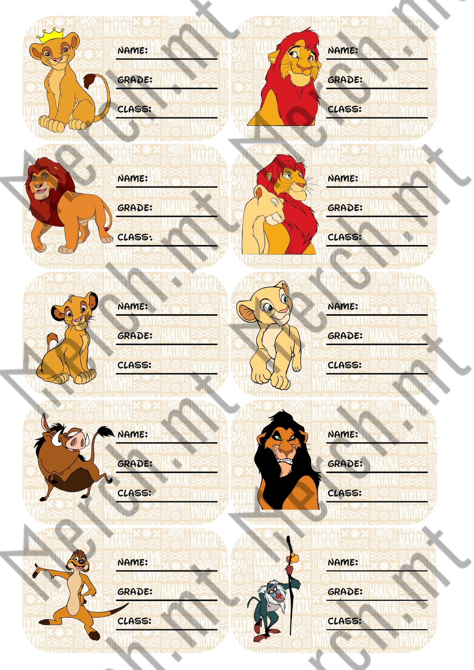Set of 10 Printable School Labels From the Lion King - Etsy