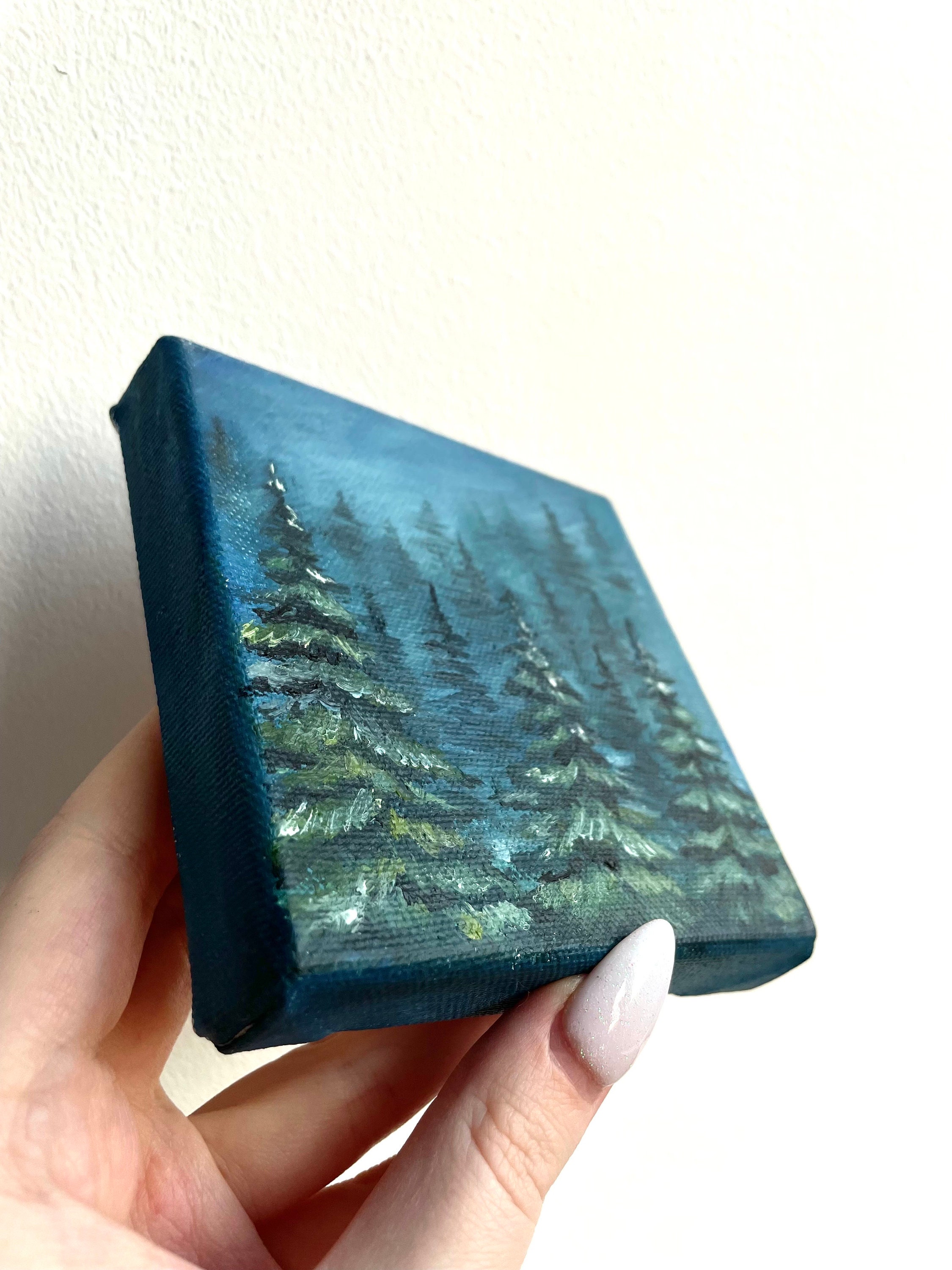Miniature Oil Painting on Mini Canvas, Pine Tree Art - Winter Decor on ...