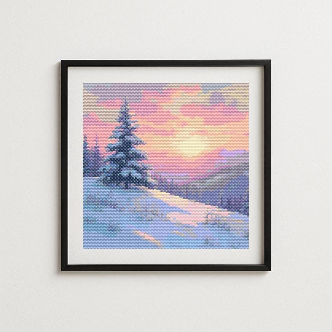 Winter Sunset Cross Stitch Pattern: Snowy Pine Tree Landscape (PDF ...