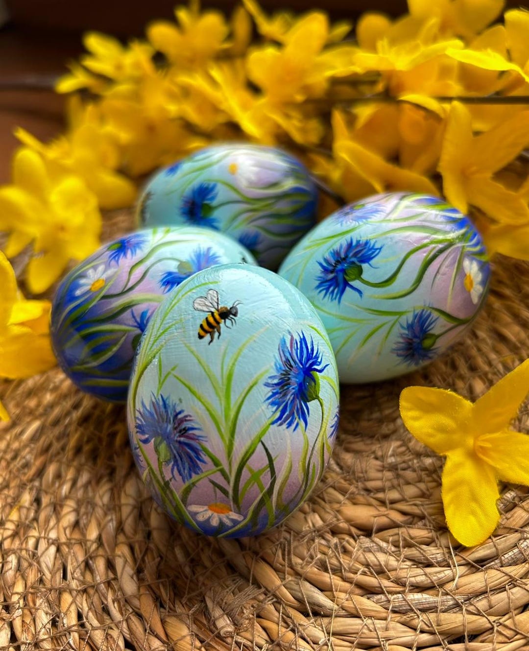 Hand-painted Acrylic Easter Wooden Eggs With Cornflowers and a Bee ...