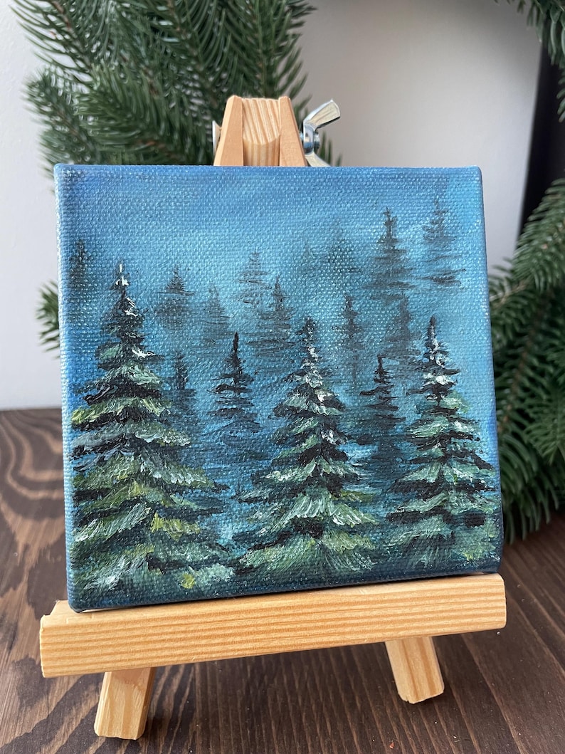 Miniature Oil Painting on Mini Canvas, Pine Tree Art - Winter Decor on ...