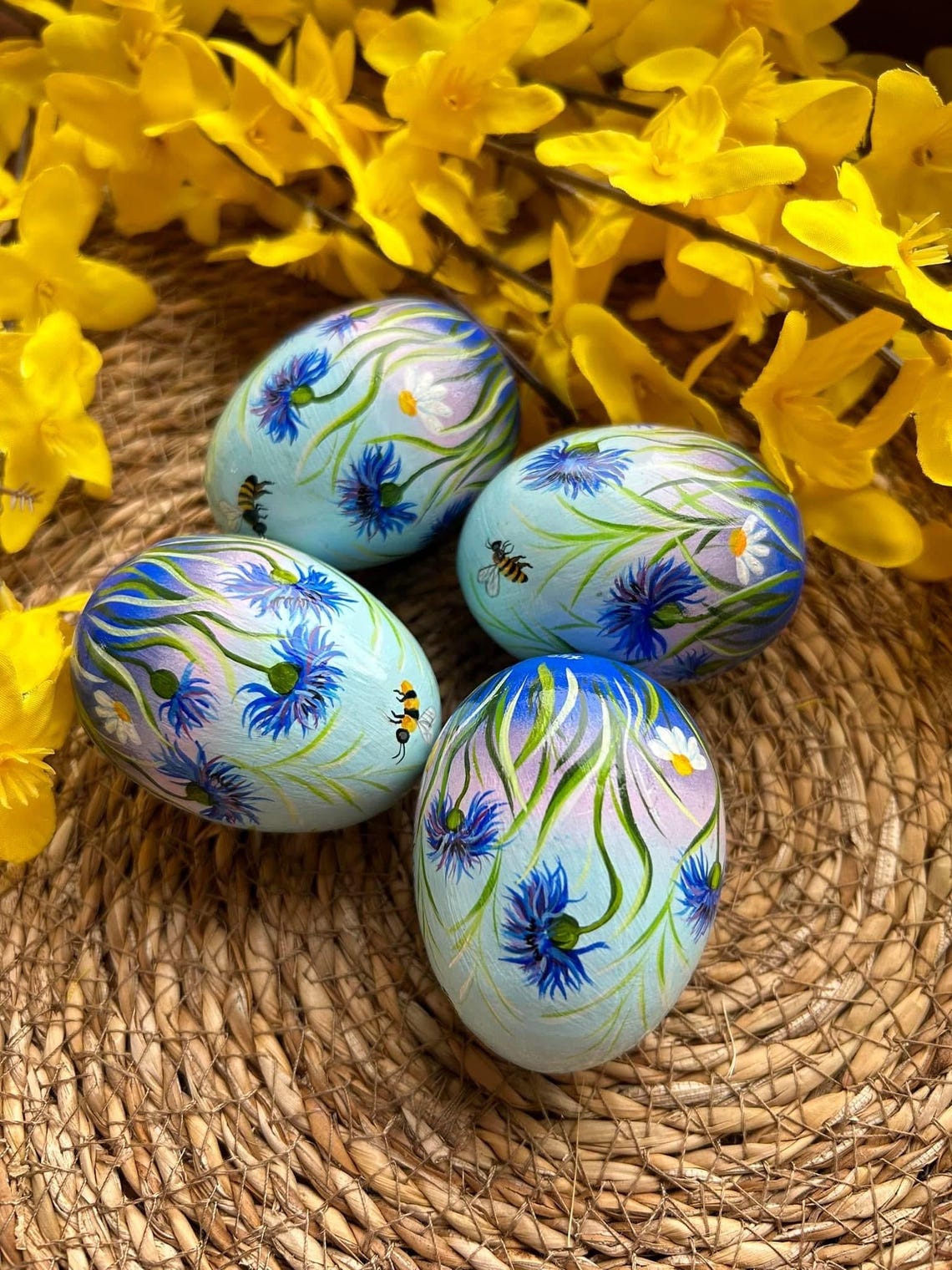 Hand-painted Acrylic Easter Wooden Eggs With Cornflowers and a Bee ...
