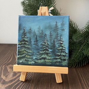 Miniature Oil Painting on Mini Canvas, Pine Tree Art - Winter Decor on ...