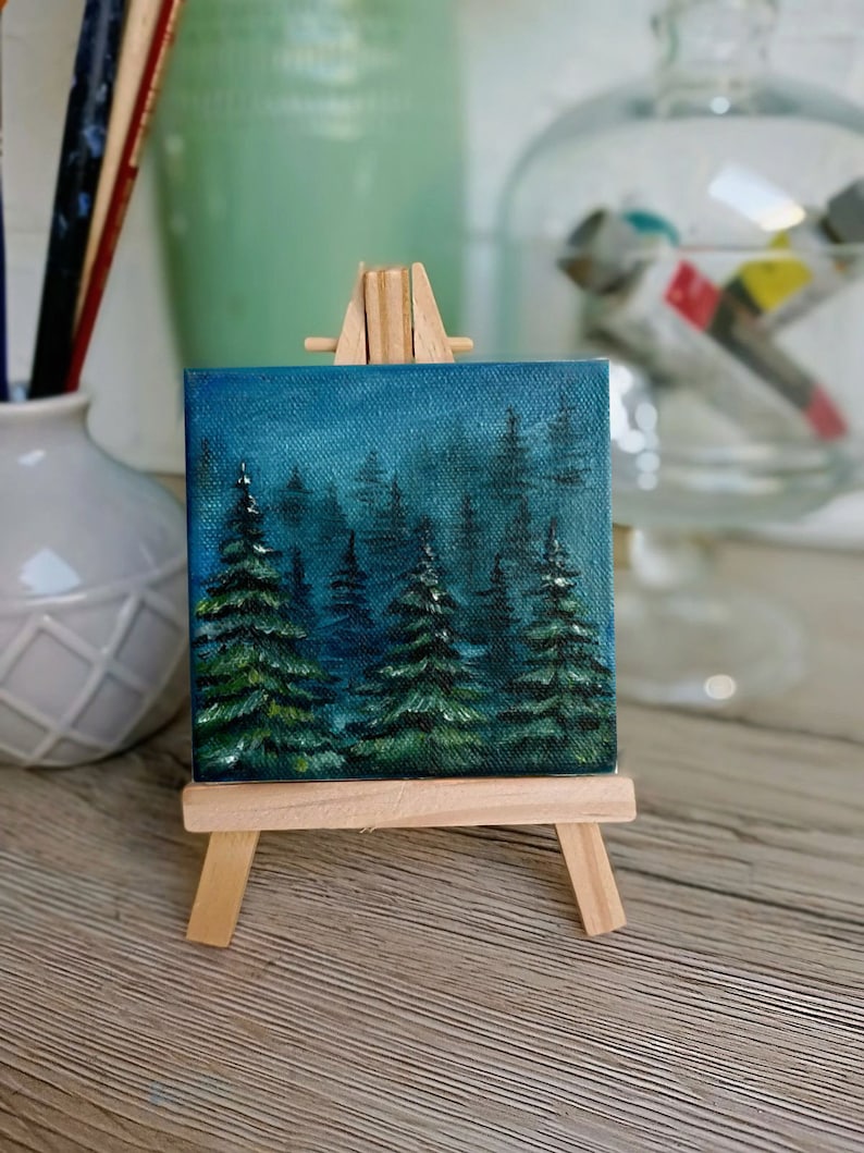 Miniature Oil Painting on Mini Canvas, Pine Tree Art - Winter Decor on ...