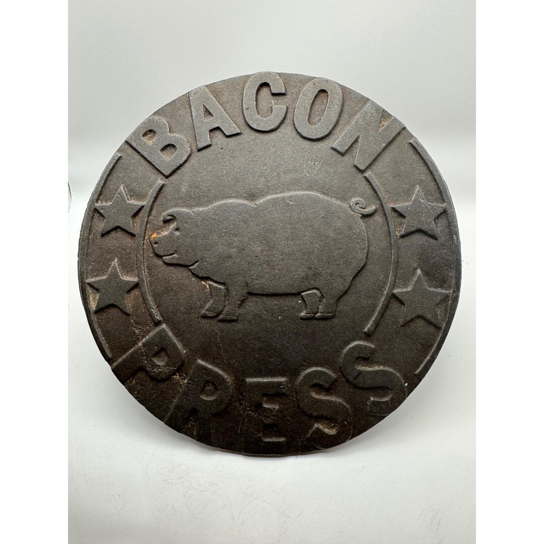 Vintage Cast Iron Bacon Press Pig Stars Embossed Wood Handle Kitchen ...