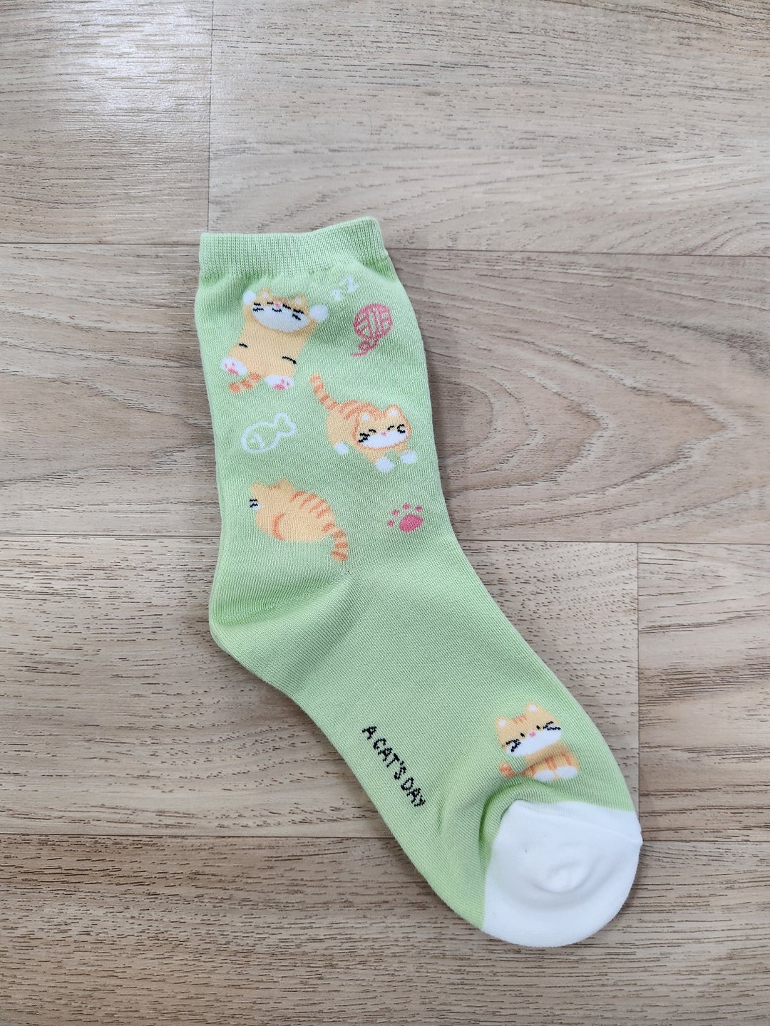 Cute Korean Cat Socks Green and Ginger - Etsy