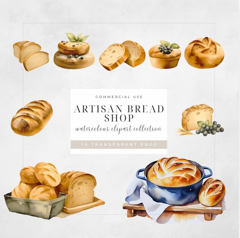34 PNG Artisan Bread Bundle, COMMERCIAL USE, Watercolour Texture Bakery ...
