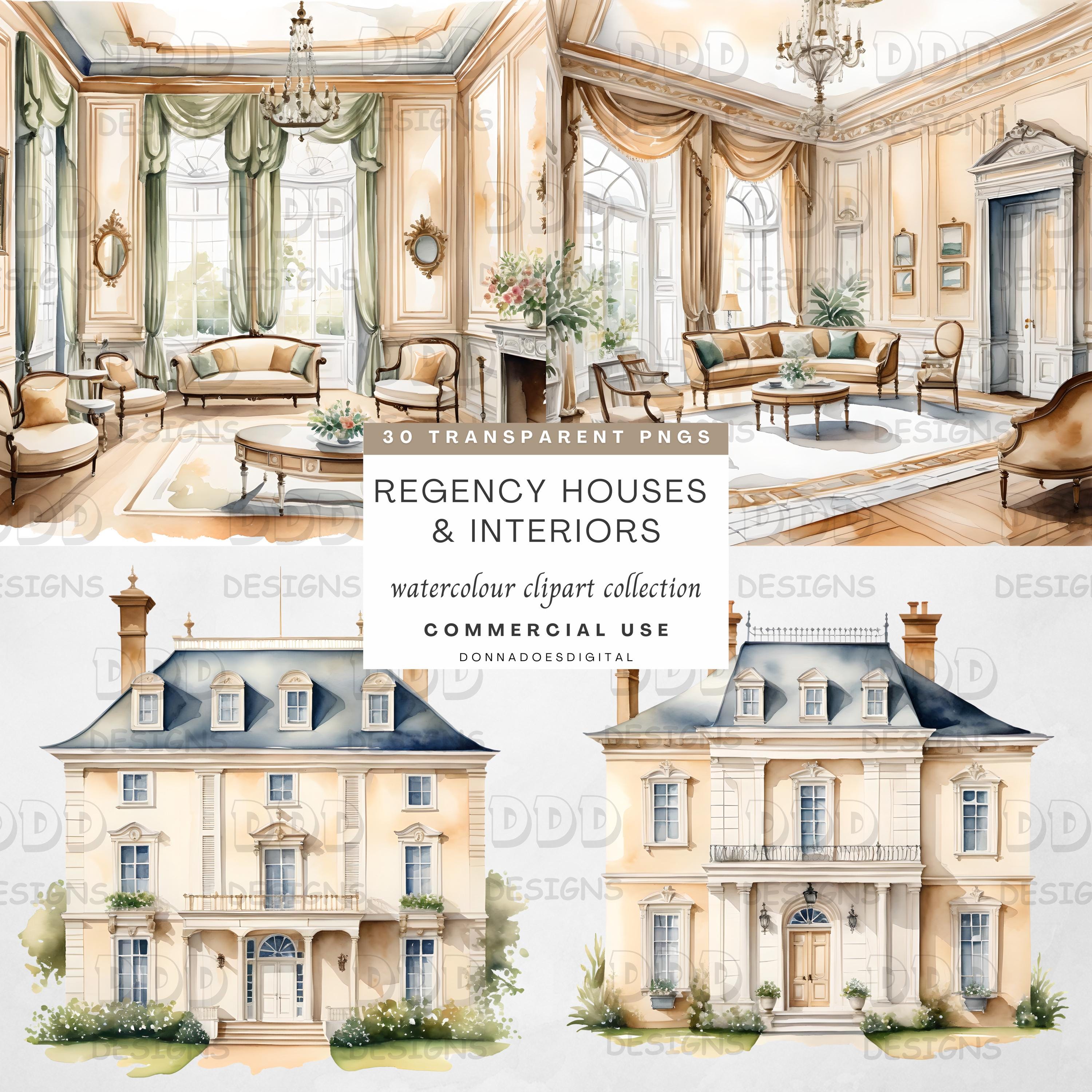 Regency Houses Watercolour Clipart, 22 JPG Regency Interiors & 8 ...