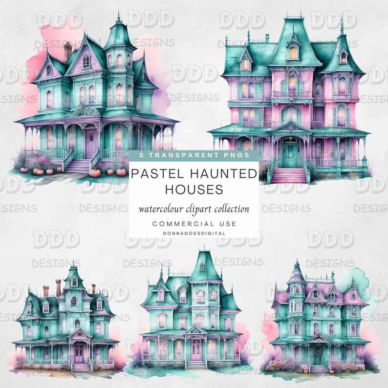 Pastel Haunted House 5 PNGS Halloween Party, Hallows Eve, Autumn Ghost ...