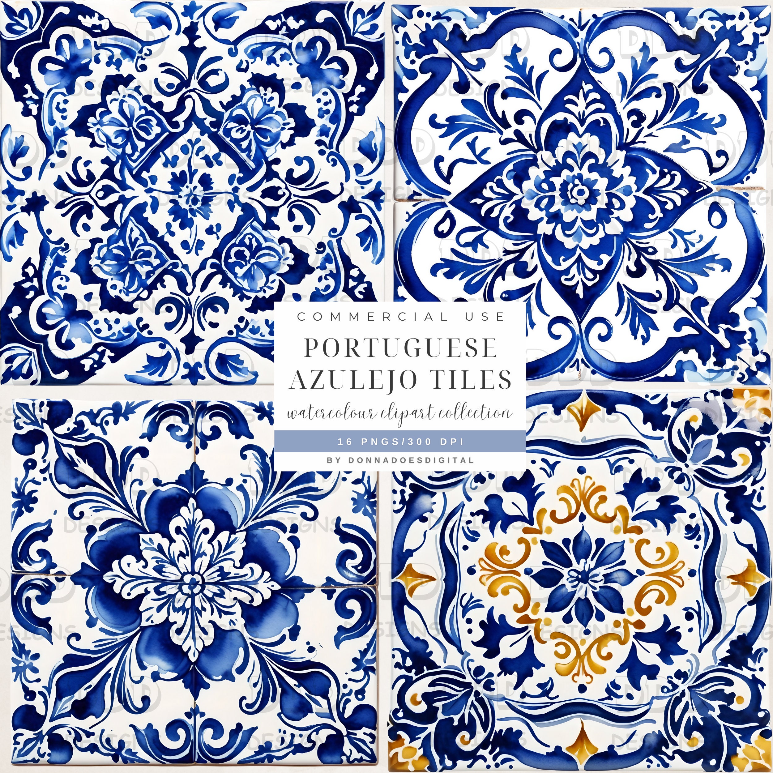 Watercolour Clipart, Ceramic Tile, Mediterranean Portuguese & Spanish ...